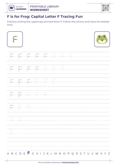 Whizki F is for Frog Printable Alphabet Worksheet